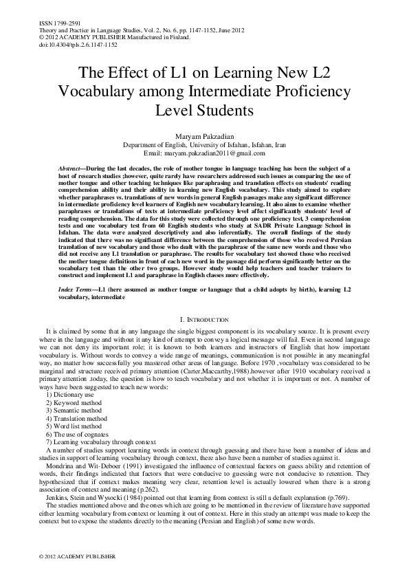 (PDF) The Effect of L1 on Learning New L2 Vocabulary among Intermediate ...
