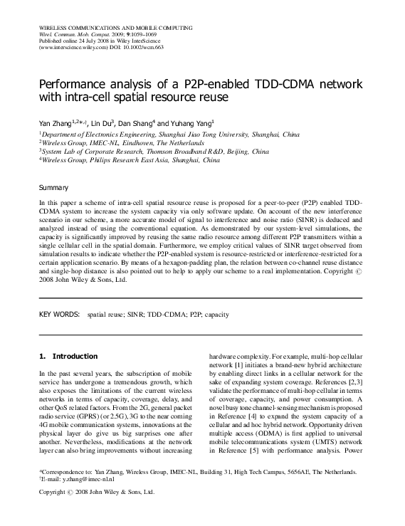 (PDF) Performance analysis of a P2P-enabled TDD-CDMA network with intra-cell spatial resource reuse