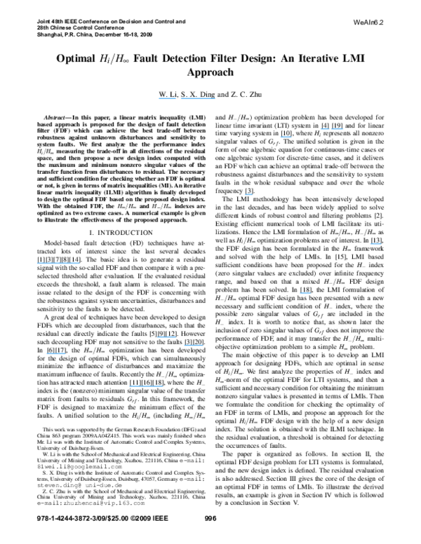 Pdf Optimal Hih∞ Fault Detection Filter Design An Iterative Lmi Approach Steven Ding