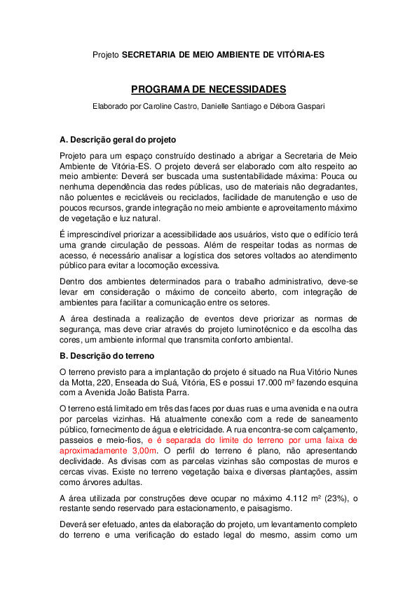 (DOC) Projeto SECRETARIA DE MEIO AMBIENTE DE VITÓRIA-ES PROGRAMA DE NECESSIDADES