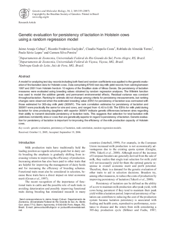 (PDF) Genetic avaluacion for persistency of lactation in Holstein cows using a random regression ...