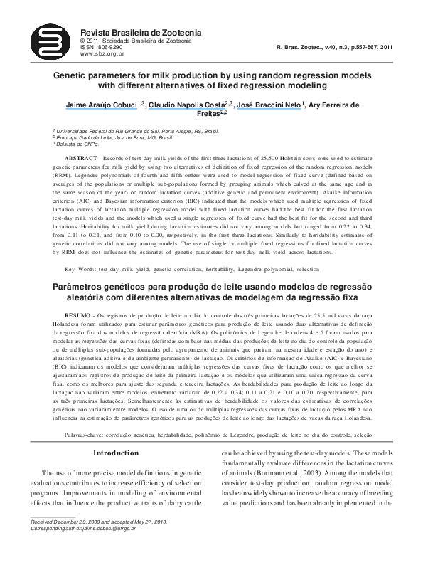 Pdf Genetic Parameters For Milk Production By Using Random Regression Models With Different