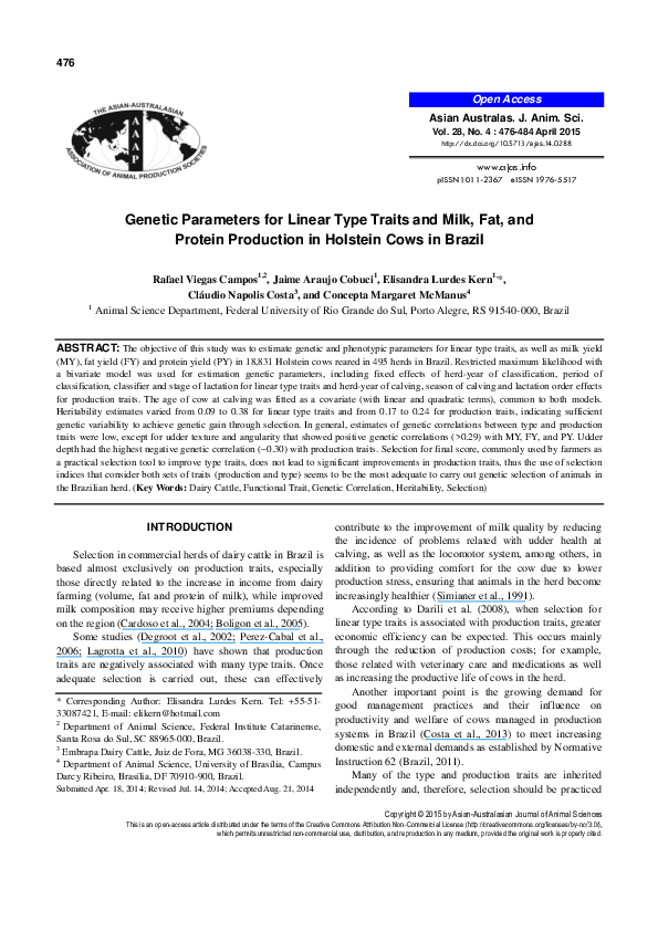 (PDF) Genetic Parameters for Linear Type Traits and Milk, Fat, and ...
