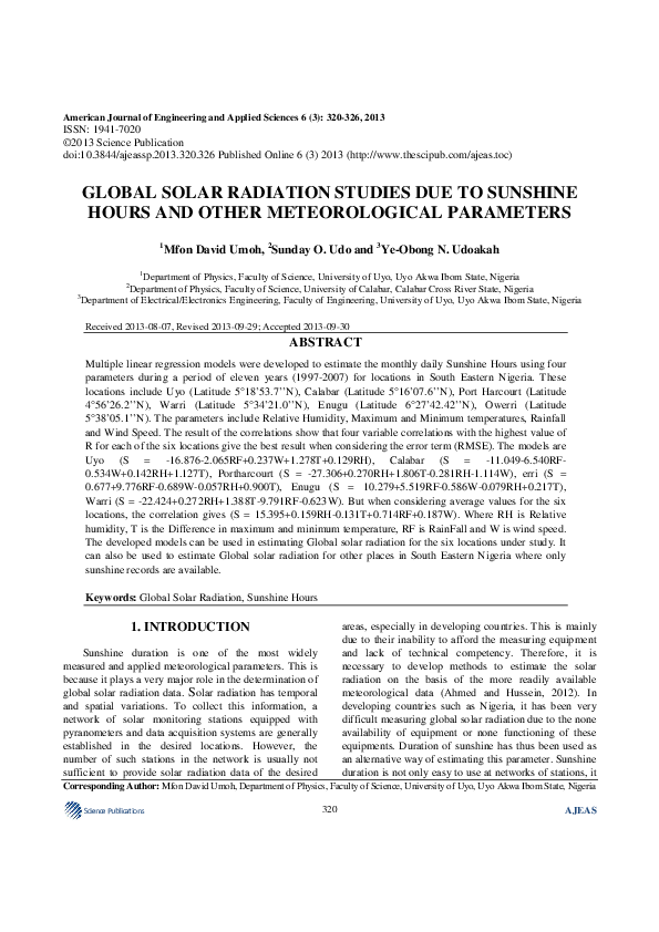 (PDF) GLOBAL SOLAR RADIATION STUDIES DUE TO SUNSHINE HOURS AND OTHER ...