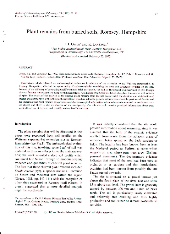 F. J. Green and Kris Lockyear (1992), 'Plant remains from buried soils ...