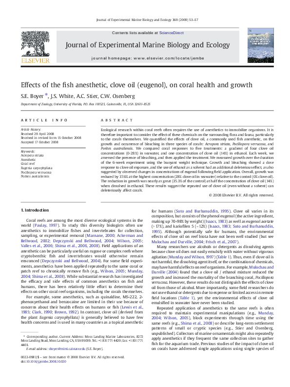 (PDF) Effects of the fish anesthetic, clove oil (eugenol), on coral ...