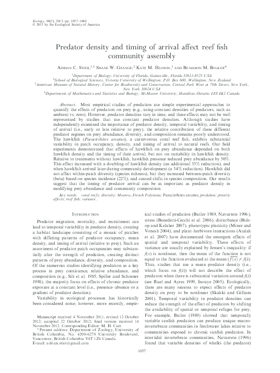 (PDF) Predator density and timing of arrival affect reef fish community ...