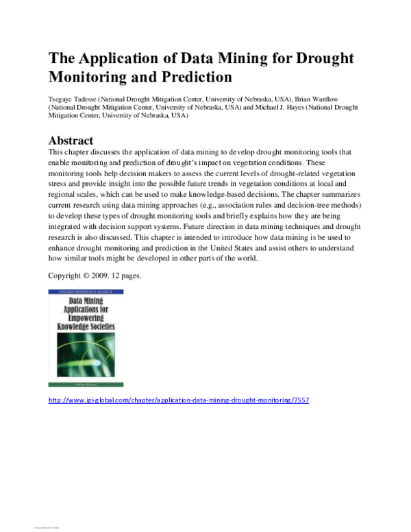 Pdf The Application Of Data Mining For Drought Monitoring And Prediction