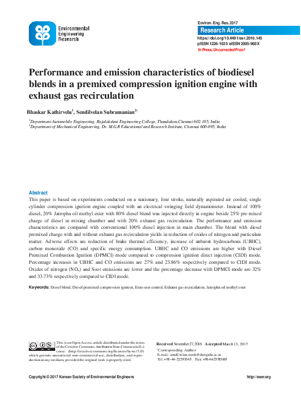 Pdf Performance And Emission Characteristics Of Biodiesel Blends In A Premixed Compression