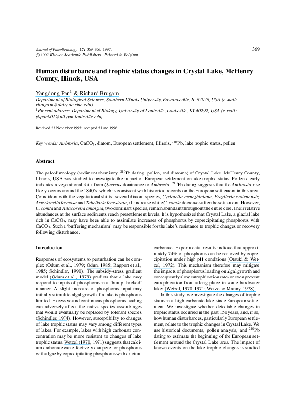(PDF) Human disturbance and trophic status changes in Crystal Lake ...