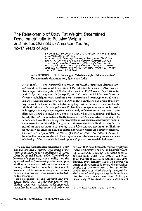 (PDF) The relationship of body fat weight, determined densitometrically ...