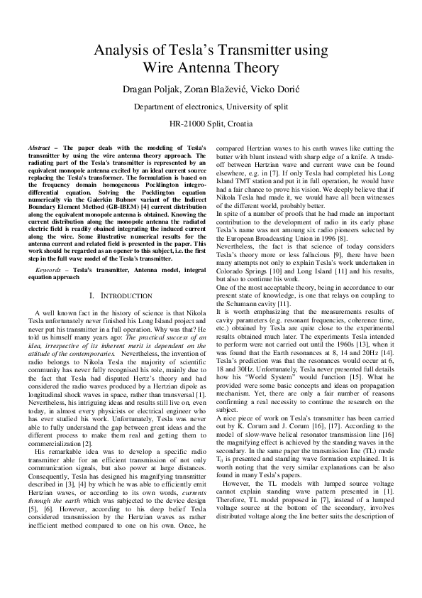 (PDF) Analysis of Tesla's Transmitter using Wire Antenna Theory | Zoran ...