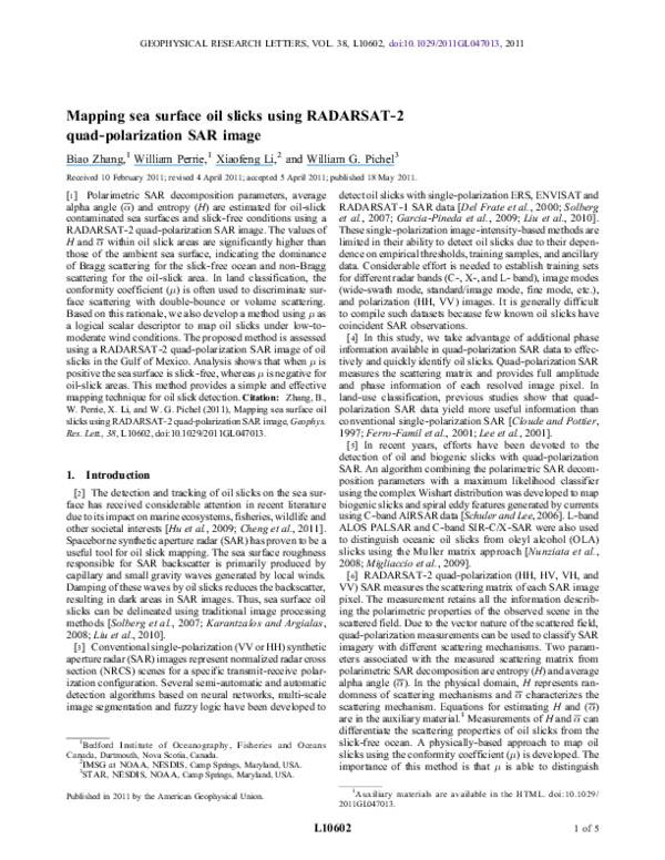 Pdf Mapping Sea Surface Oil Slicks Using Radarsat 2 Quad Polarization Sar Image William