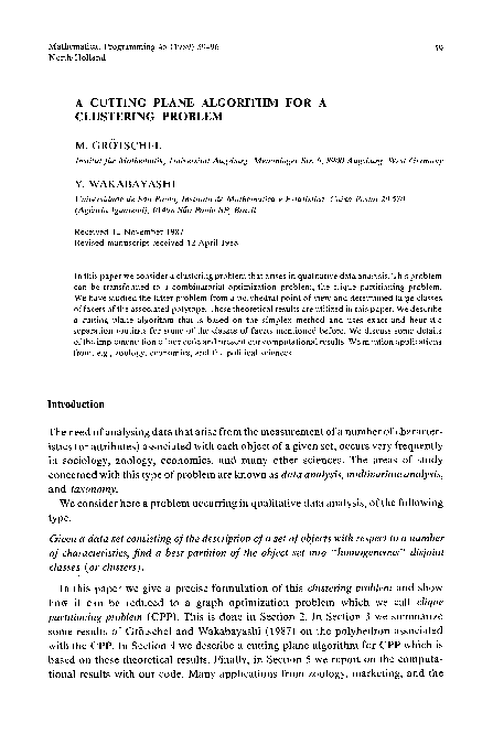 (PDF) A cutting plane algorithm for a clustering problem | Yoshiko Wakabayashi and Martin ...