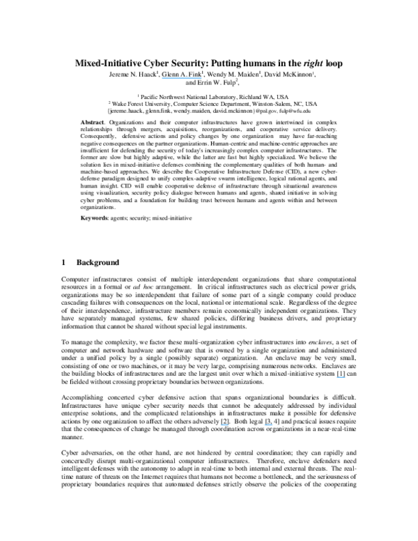 (PDF) Mixed-Initiative Cyber Security: Putting humans in the right loop