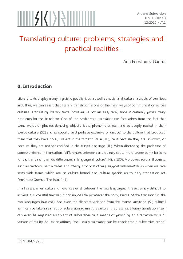 (PDF) Translating culture: problems, strategies and practical realities