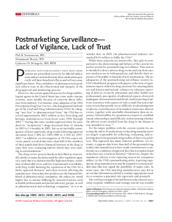 (PDF) Postmarketing surveillance—lack of vigilance, lack of trust