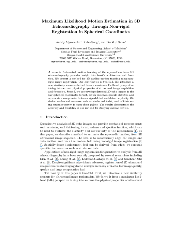 Pdf Maximum Likelihood Motion Estimation In 3d Echocardiography Through Non Rigid Registration