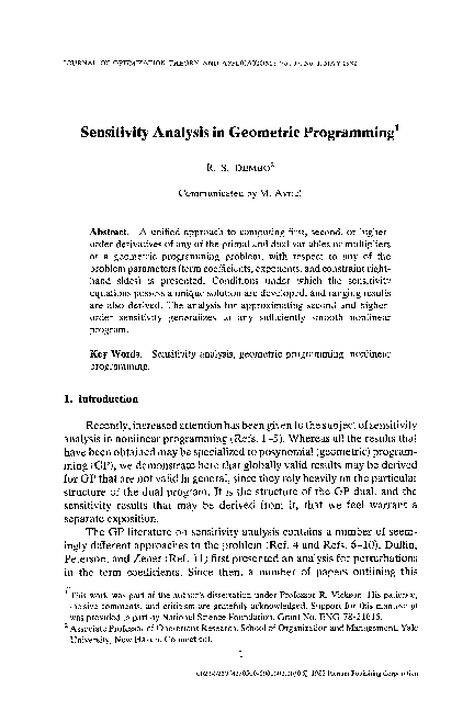 Pdf Sensitivity Analysis In Geometric Programming
