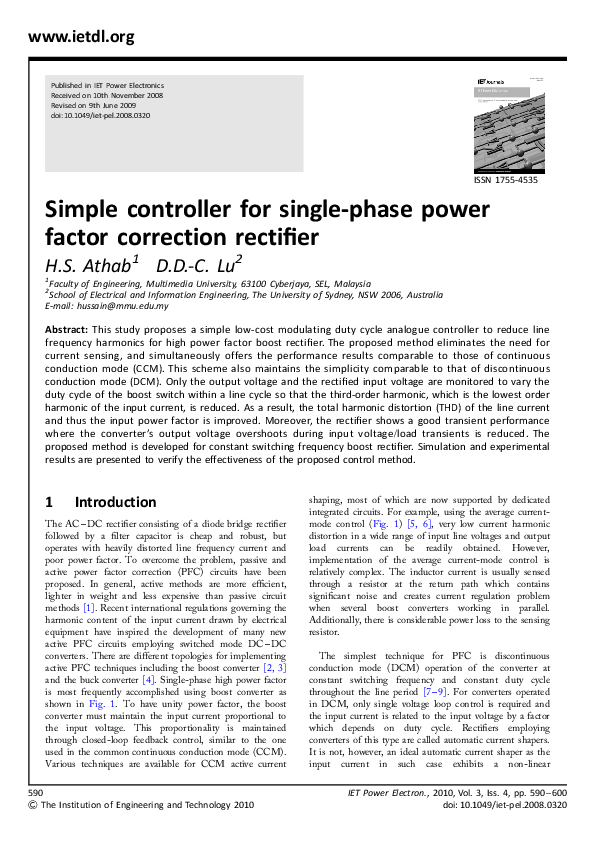 (PDF) Simple controller for single-phase power factor correction rectifier