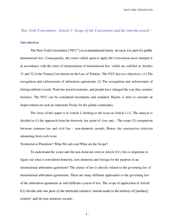 (DOC) New York Convention - Article I: Scope of the Convention and the ...