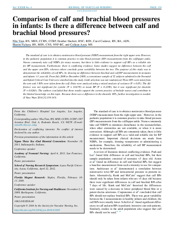 (PDF) Comparison of calf and brachial blood pressures in infants: Is ...