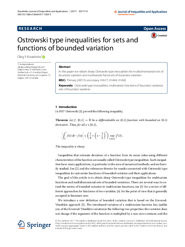 Pdf Ostrowski Type Inequalities For Sets And Functions Of Bounded Variation
