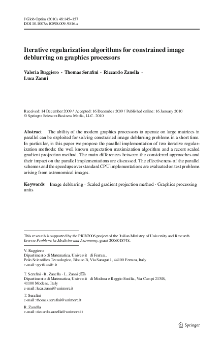 (PDF) Iterative regularization algorithms for constrained image deblurring on graphics processors