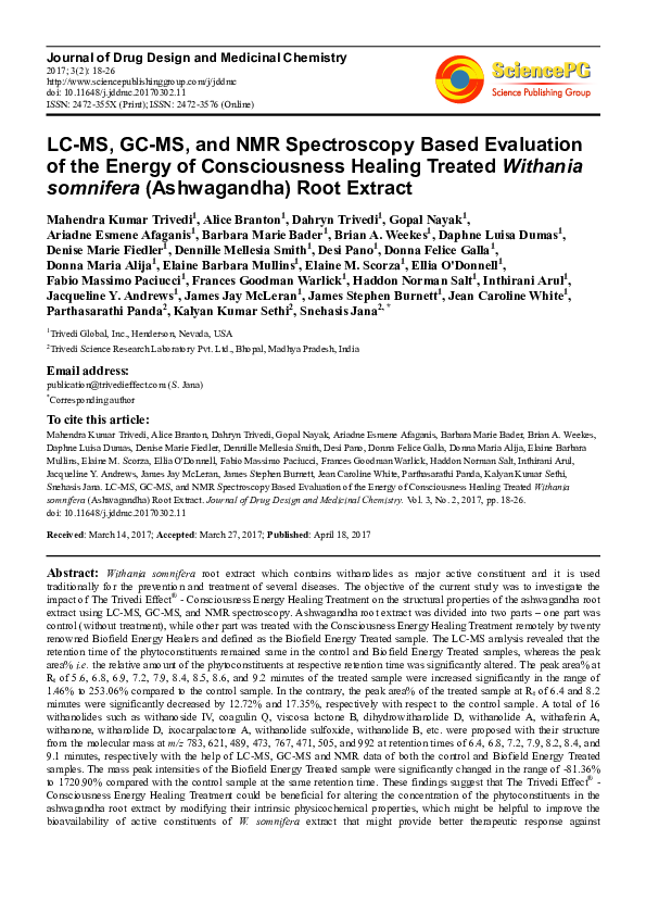 (PDF) LC-MS, GC-MS, and NMR Spectroscopy Based Evaluation of the Energy of Consciousness Healing ...