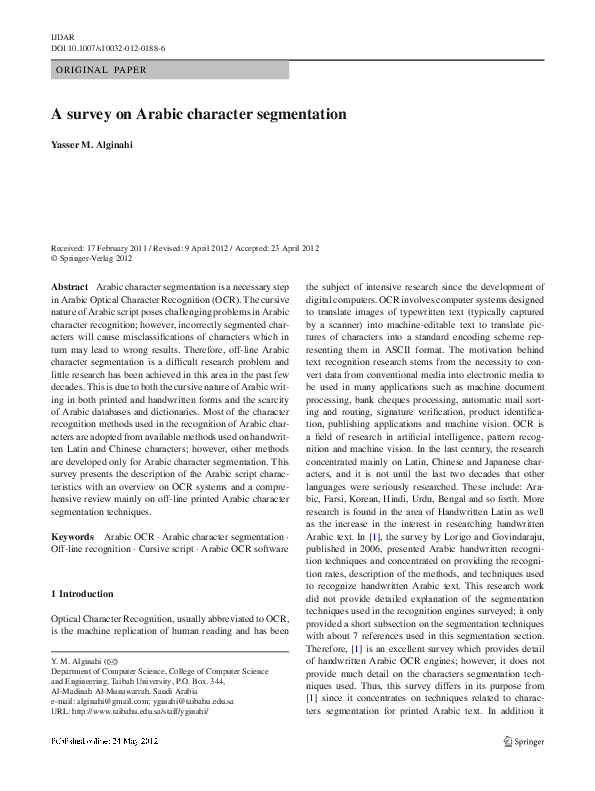 Pdf A Survey On Arabic Character Segmentation