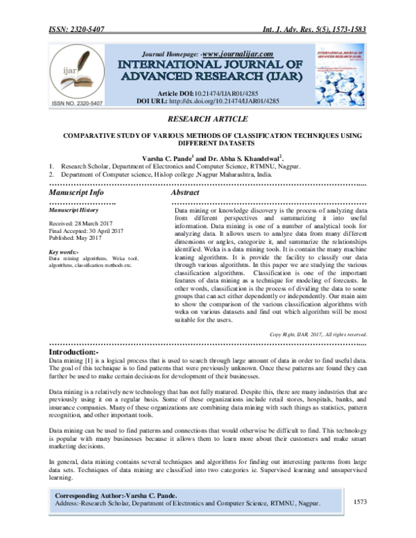 (PDF) COMPARATIVE STUDY OF VARIOUS METHODS OF CLASSIFICATION TECHNIQUES USING DIFFERENT DATASETS