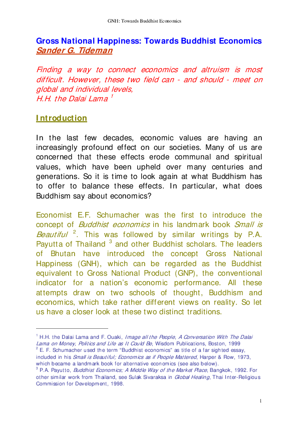(PDF) Gross National Happiness: Towards Buddhist Economics