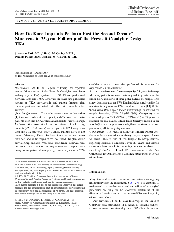 (PDF) 14-Year Median Follow-Up Using the Press-Fit Condylar Sigma ...