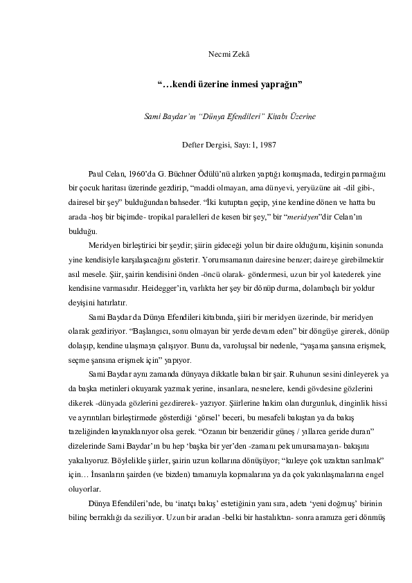 (PDF) Sami Baydar'ın Dünya Efendileri Kitabı Üzerine