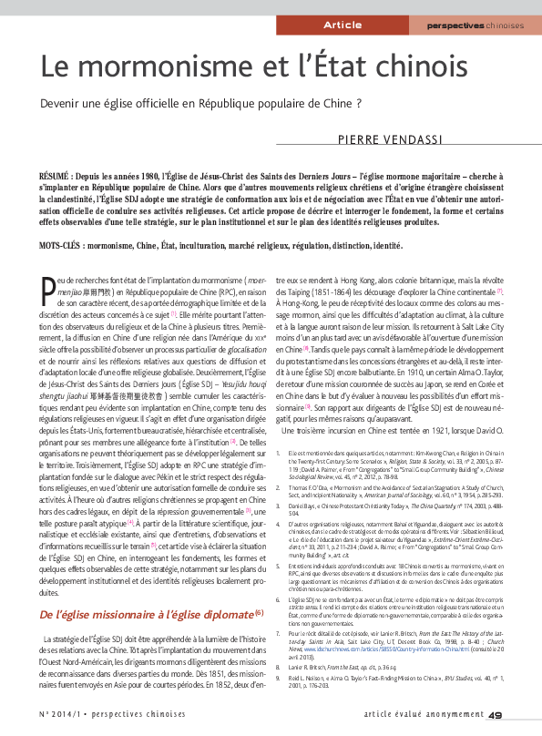 (PDF) Le mormonisme et l’État chinois. Devenir une Église officielle en ...