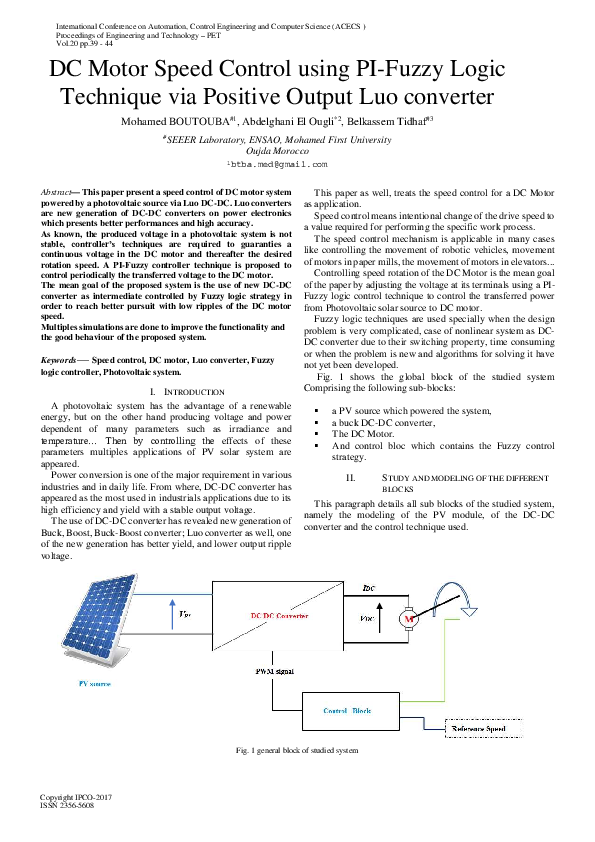Pdf Dc Motor Speed Control Using Pi Fuzzy Logic Technique Via