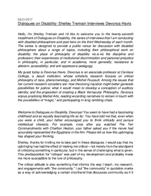 (PDF) Dialogues on Disability: Shelley Tremain Interviews Devonya Havis ...