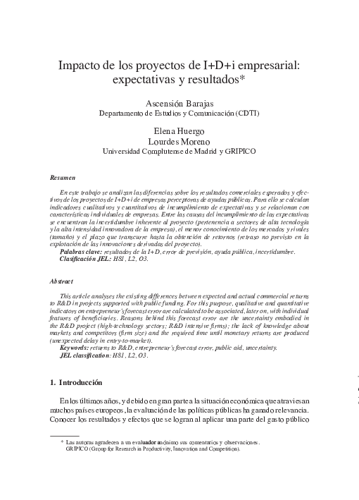 (PDF) Impacto de los proyectos de I+D+i empresarial: expectativas y ...