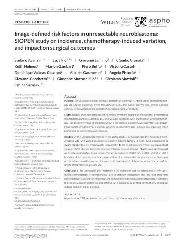 (PDF) Image-defined risk factors in unresectable neuroblastoma: SIOPEN ...