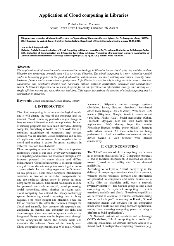 (DOC) Application of Cloud computing in Libraries