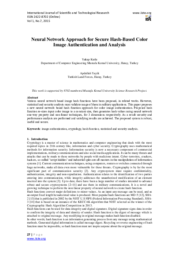 (PDF) Neural Network Approach for Secure Hash-Based Color Image Authentication and Analysis