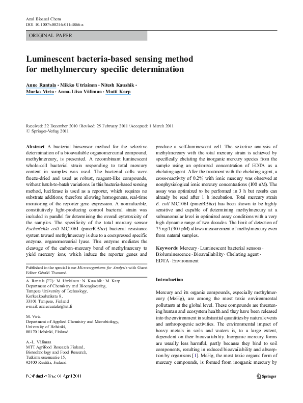(PDF) Luminescent bacteria-based sensing method for methylmercury ... (PDF) Luminescent bacteria-based sensing method for methylmercury ...
