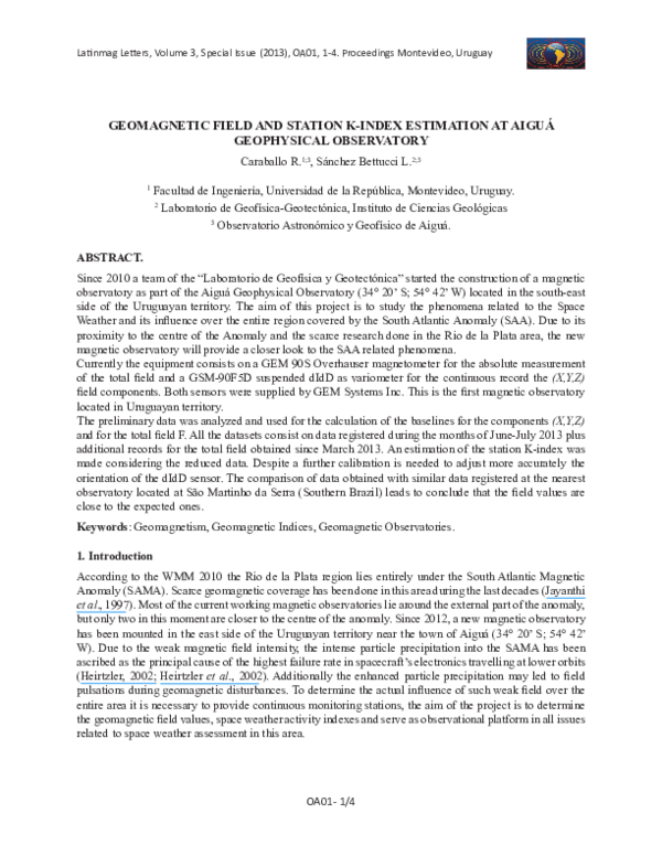 (PDF) Geomagnetic Field and Station K-Index Estimation at Aiguá Geophysical Observatory