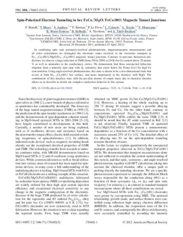 (PDF) Spin-Polarized Electron Tunneling in bcc FeCo/MgO/FeCo(001) Magnetic Tunnel Junctions