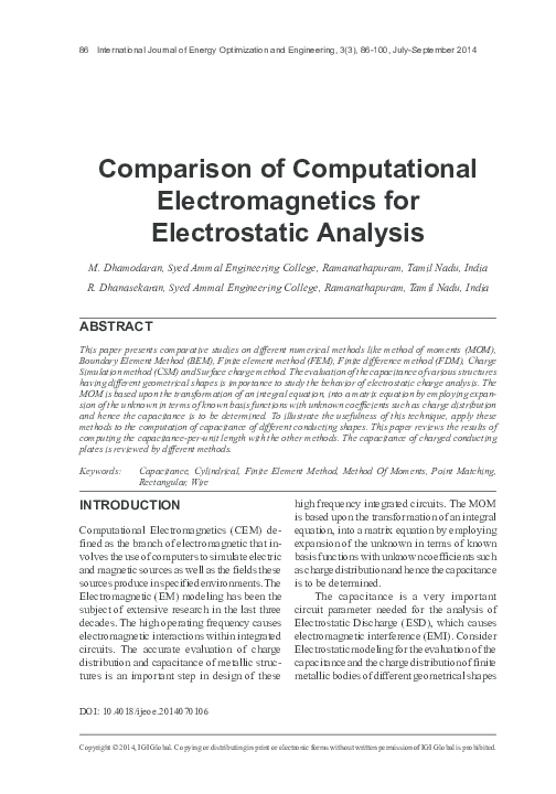 (PDF) Comparison of Computational Electromagnetics for Electrostatic Analysis