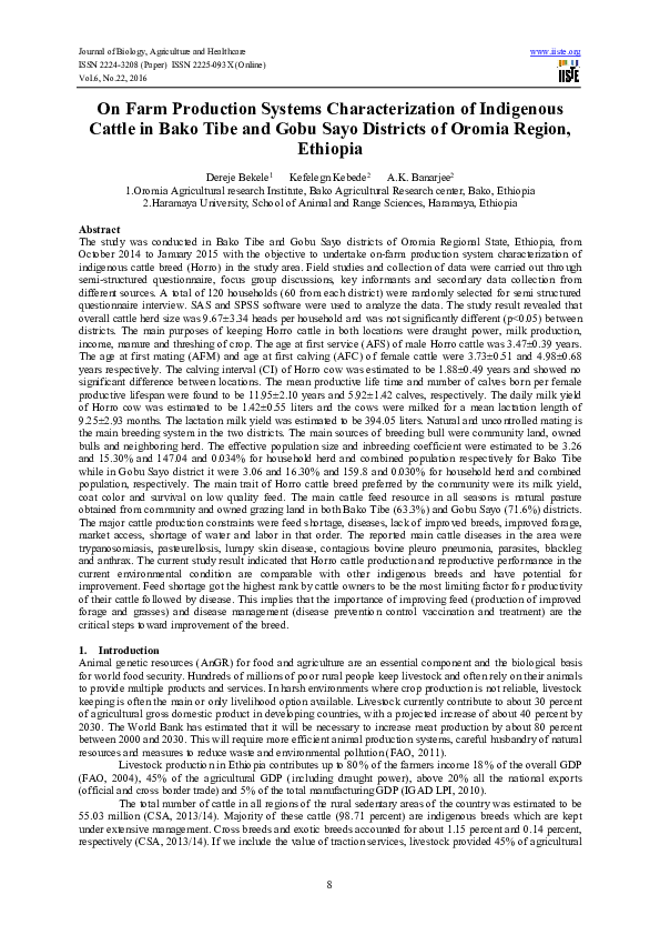 (PDF) On Farm Production Systems Characterization of Indigenous Cattle in Bako Tibe and Gobu ...