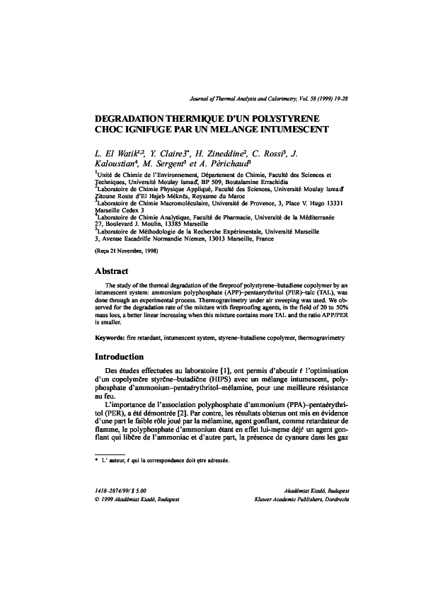 (PDF) Degradation Thermique D'Un Polystyrene Choc Ignifuge Par Un ...