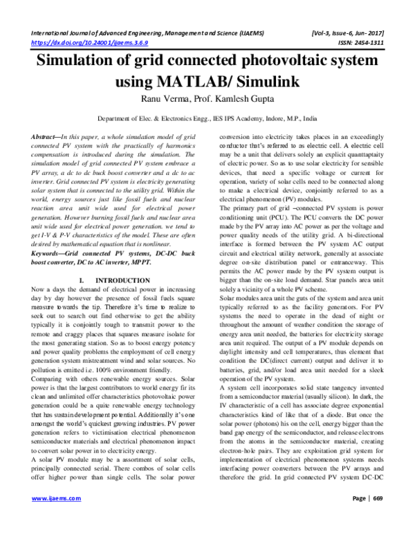 Pdf Simulation Of Grid Connected Photovoltaic System Using Matlab