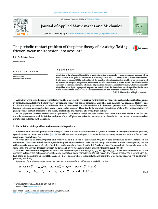 (PDF) The periodic contact problem of the plane theory of elasticity. Taking friction, wear and ...