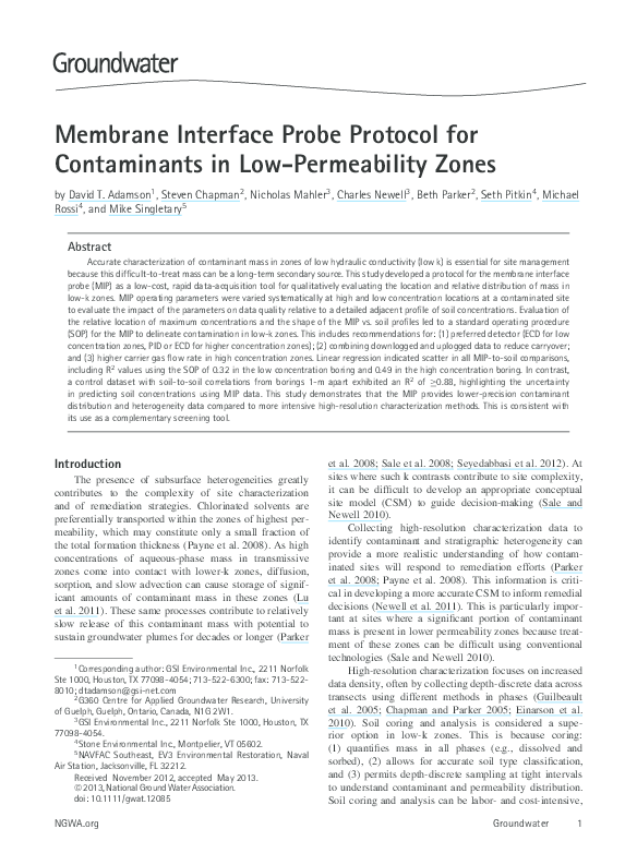 (PDF) Membrane Interface Probe Protocol for Contaminants in Low-Permeability Zones | Wesley ...